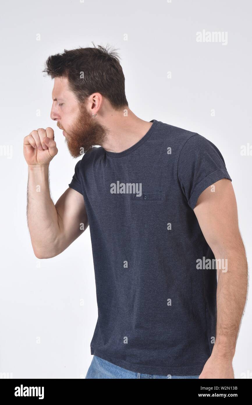 man with cough on white background Stock Photo - Alamy