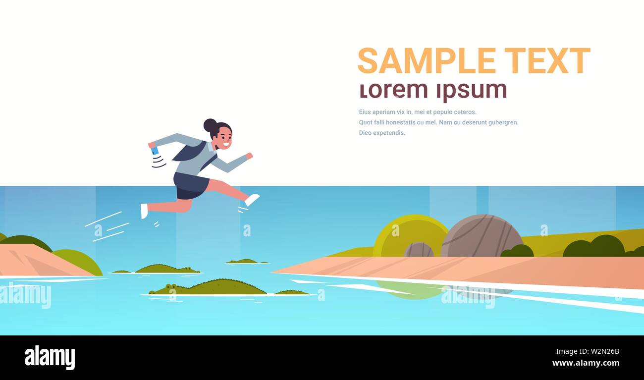 brave businesswoman jumping over river with crocodiles risk and danger ...