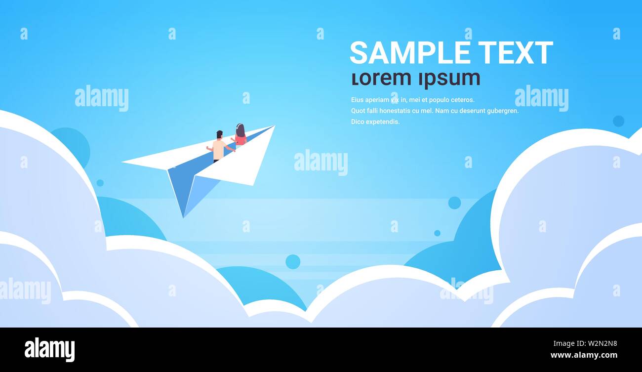 couple in love flying on paper airplane man woman lovers traveling ...