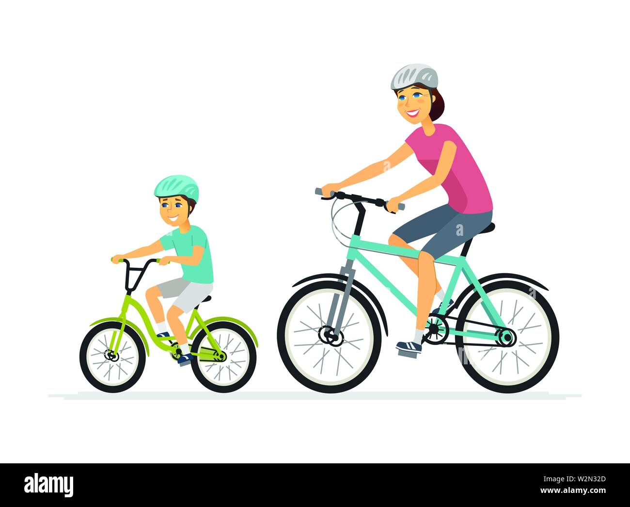 Mother and son cycling - cartoon people characters illustration Stock ...