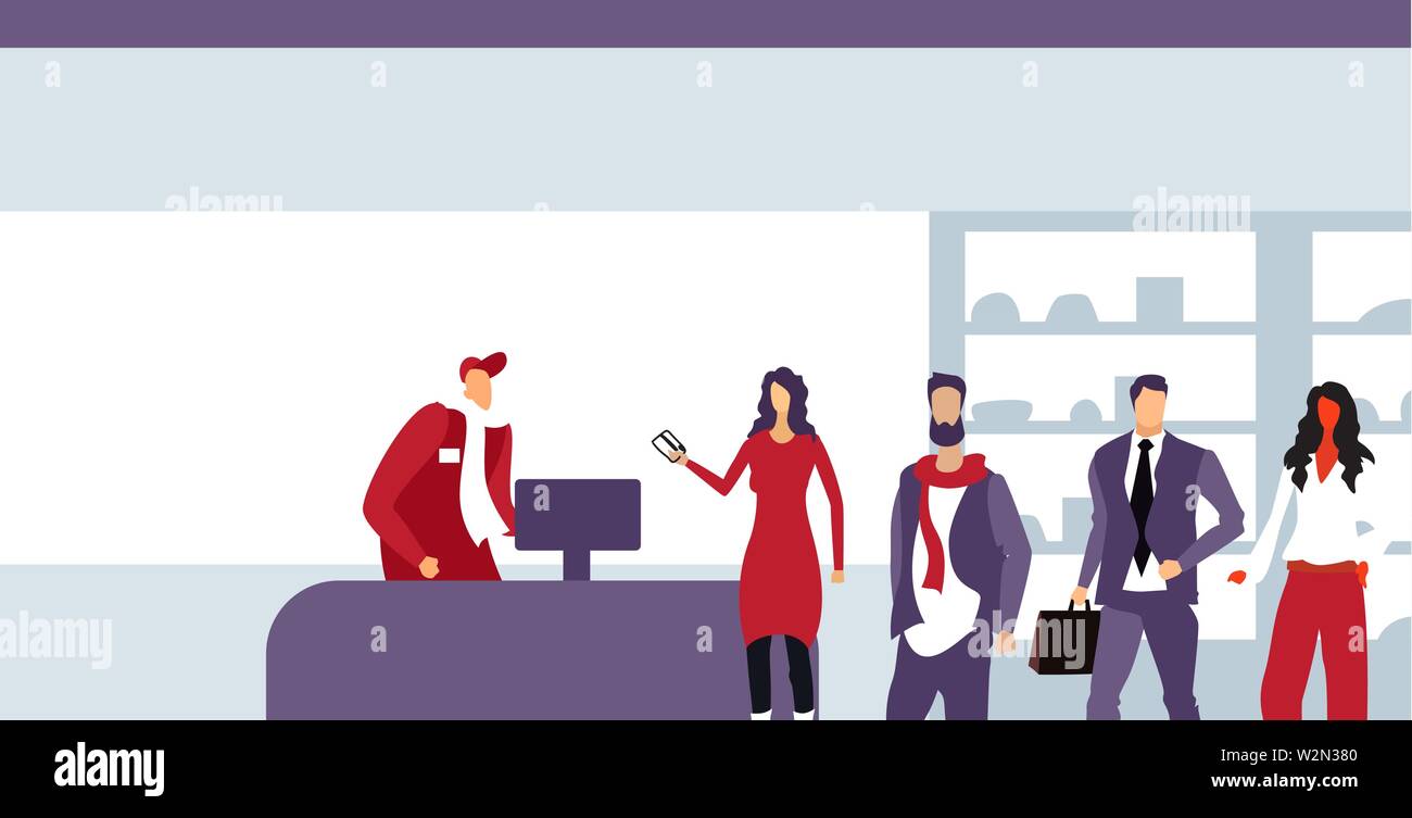 customers standing line queue at cash desk with female cashier shopping ...