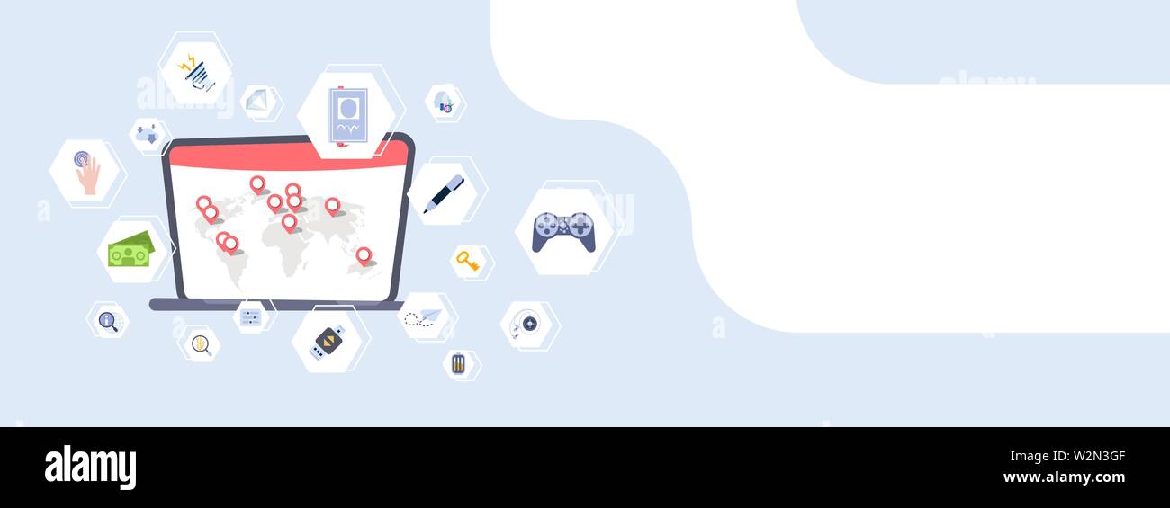 laptop screen with world map location geo tags different computer ...