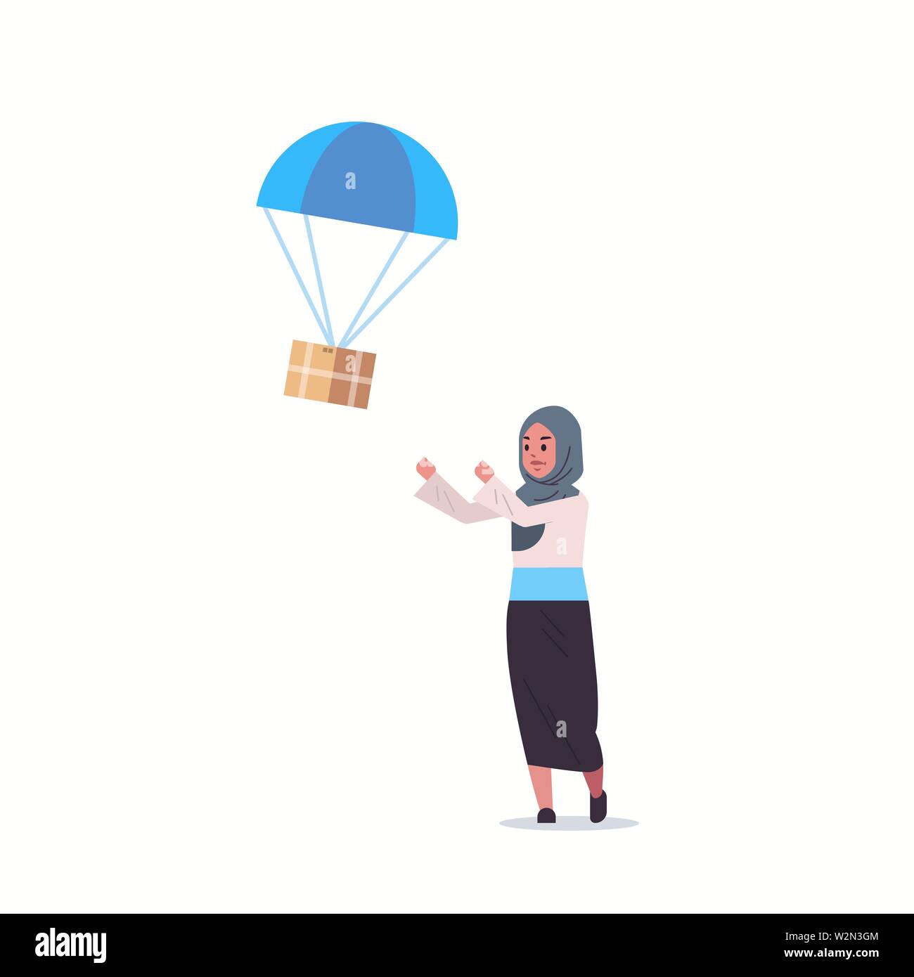arab woman catching parcel box falling down with parachute from sky ...