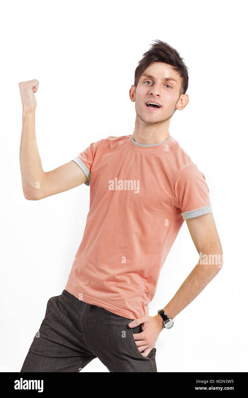 very happy guy in a yellow shirt.isolated on a white background Stock ...