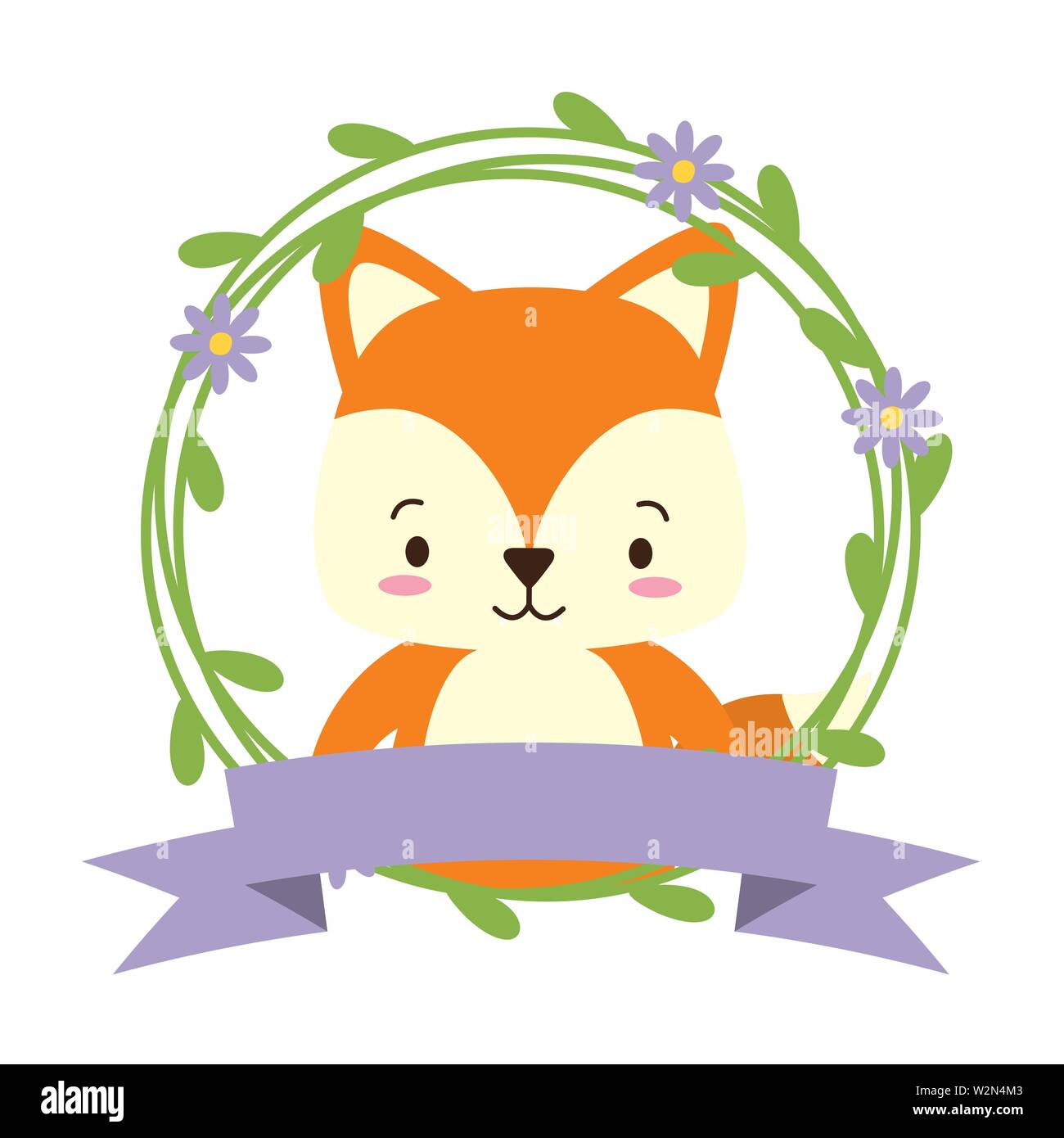 cute fox cartoon sticker flowers vector illustration design Stock ...
