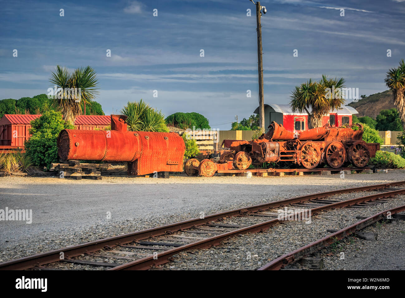 Old steam train at Oamaru in the South Island of New Zealand. Omaru is ...