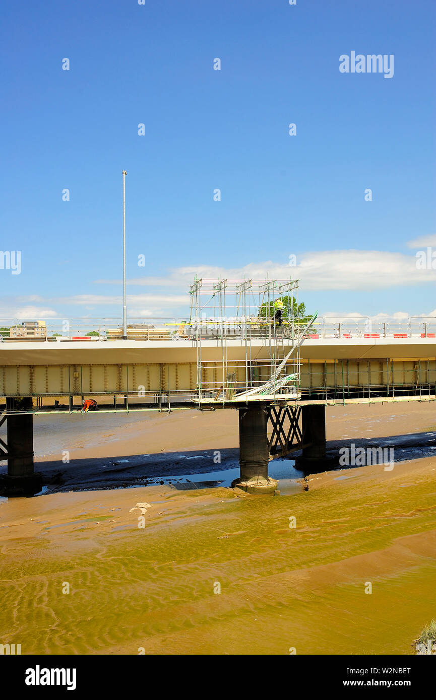 Engineering work being carried out on the road bridge over the River ...