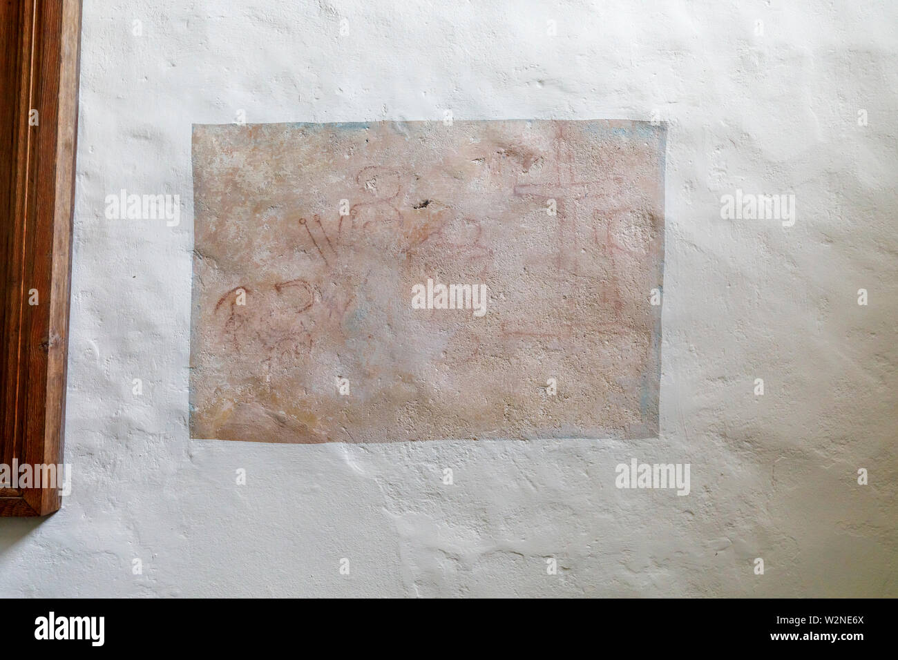 Pyrford Wall Paintings, faded figures and cross at Wisley Church, a ...