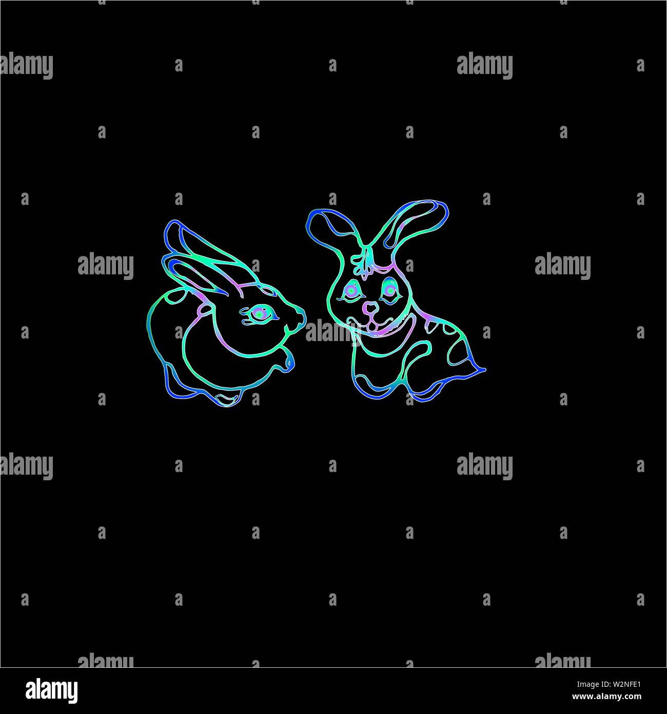 Color illustration of two rabbits in love. Chinese rabbits. Tattoo idea ...