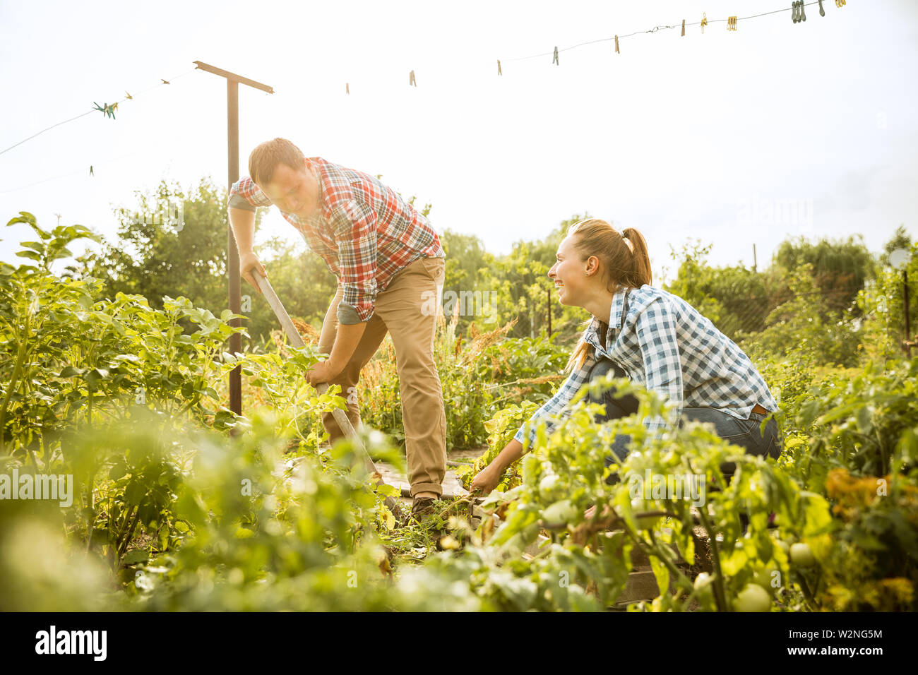 Young and happy farmer's couple at their garden in sunny day. Man and ...
