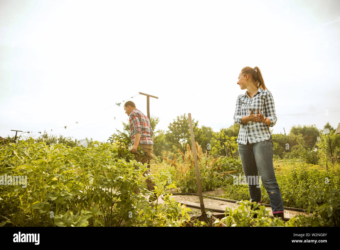 Young and happy farmer's couple at their garden in sunny day. Man and ...