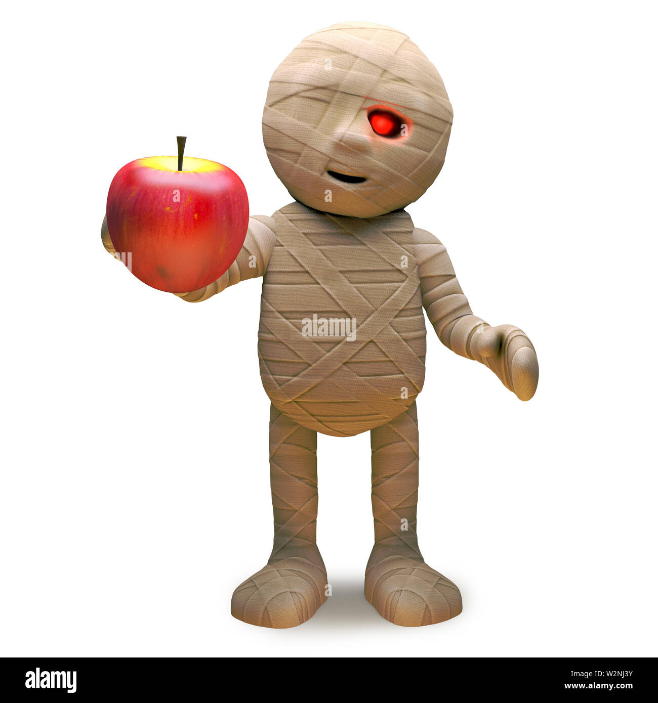 Cartoon undead mummy monster wants to eat an apple, 3d illustration ...