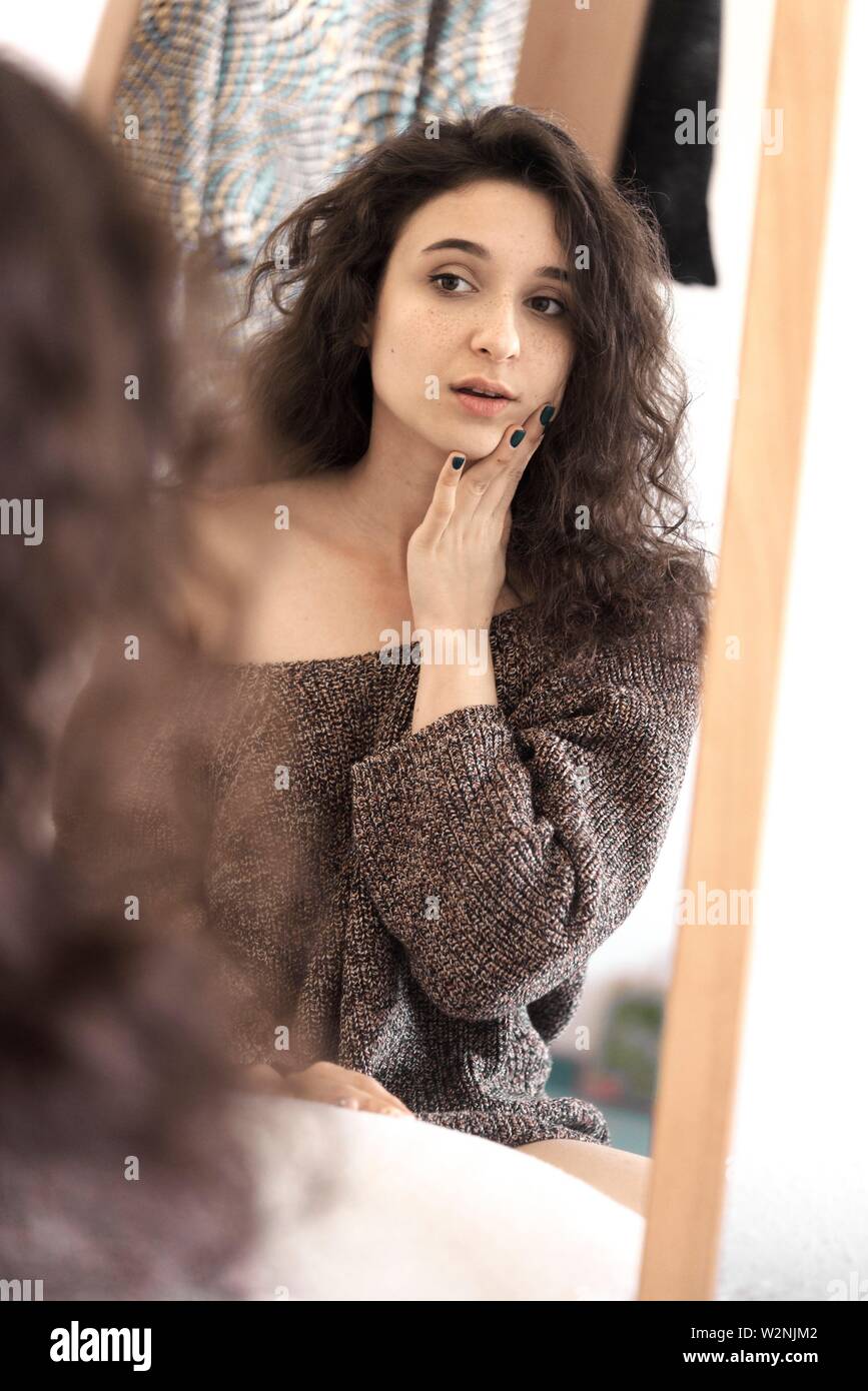 Teenager Girl Looking Mirror Checking High Resolution Stock Photography ...