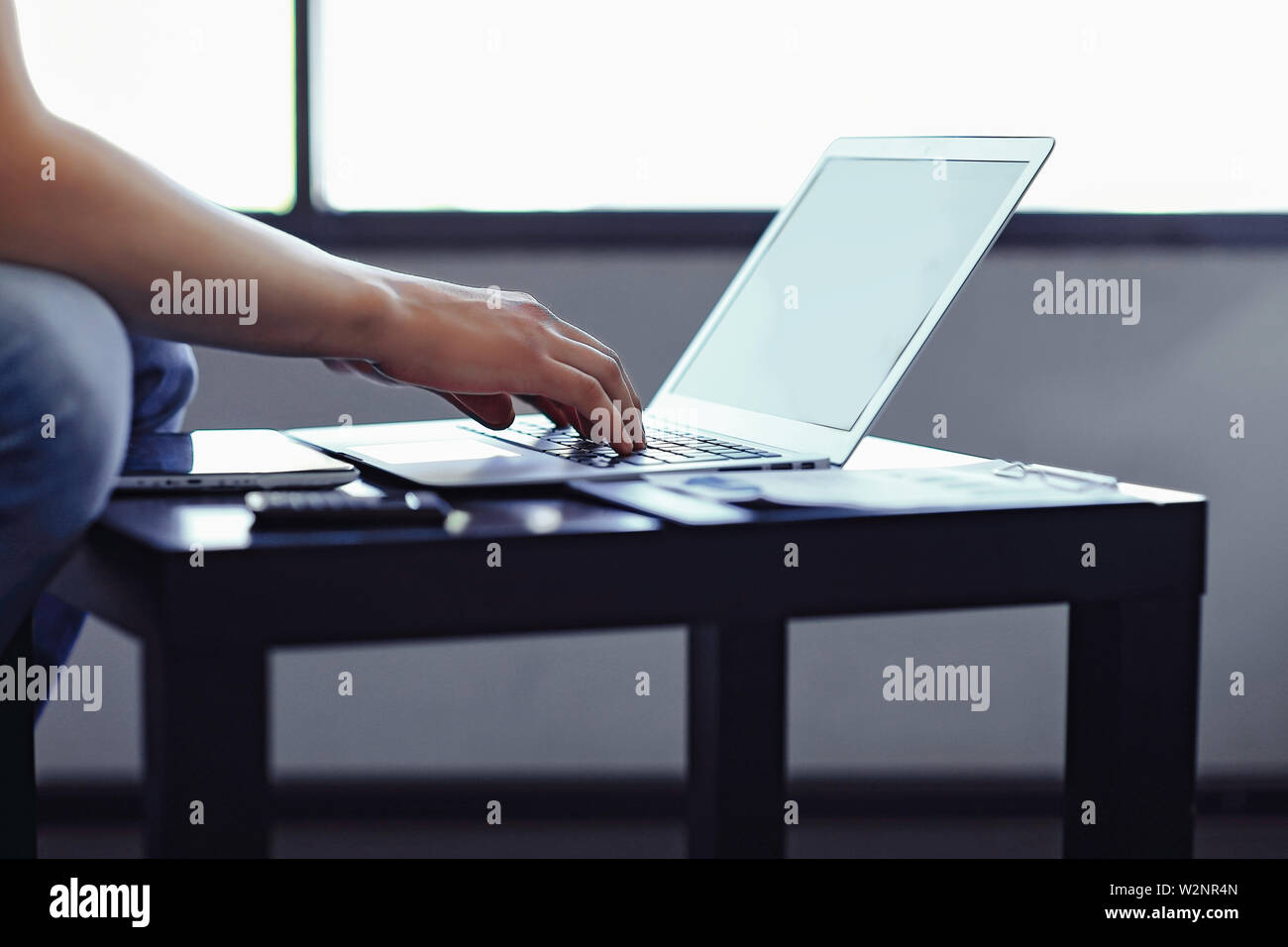 close up.the modern guy works on a laptop.people and technology Stock ...