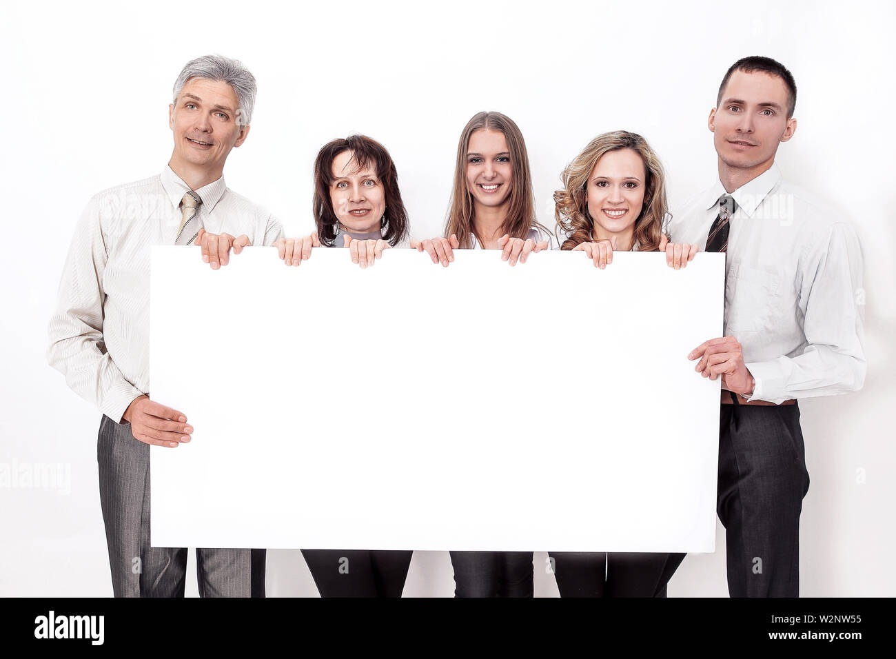 professional business team with big blank poster.isolated on white ...