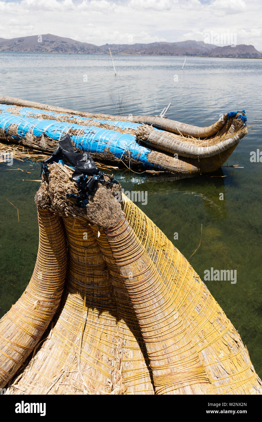 Traditional reed boat (totora) in the Uros Islands, Titicaca Lake or ...
