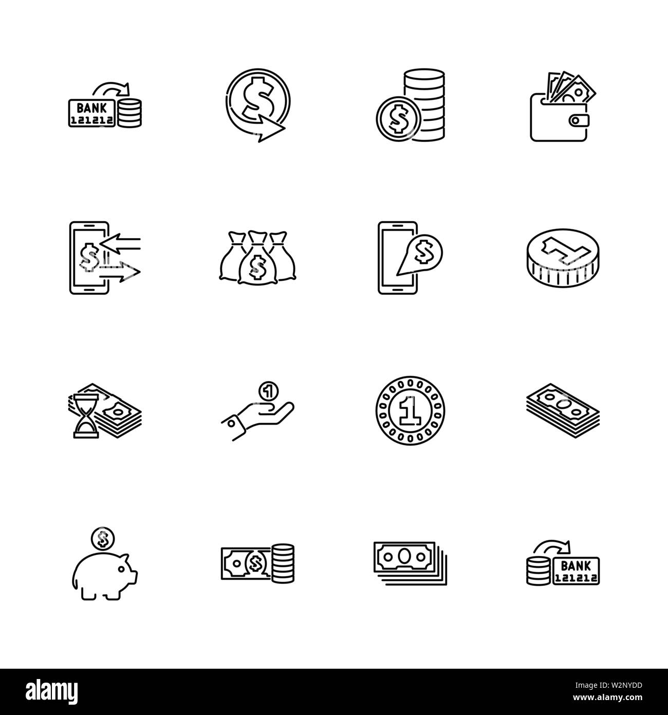 Currency and Money outline icons set - Black symbol on white background ...