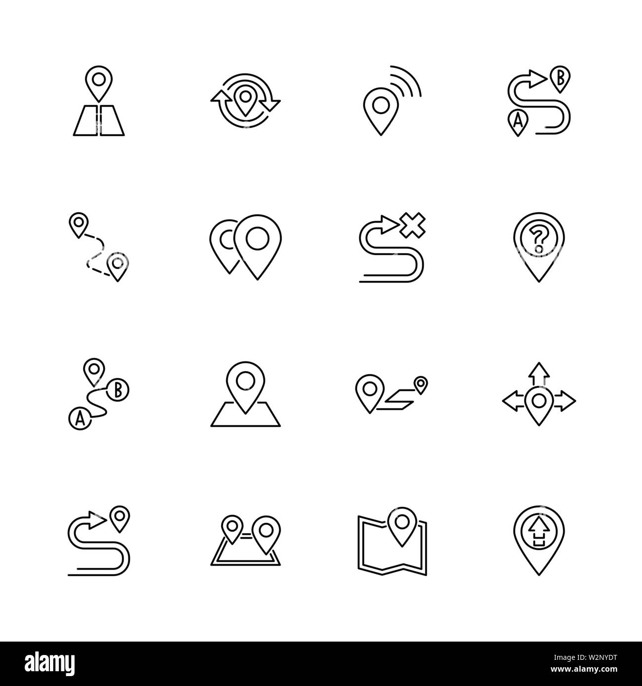 Route, GPS outline icons set - Black symbol on white background. Route ...