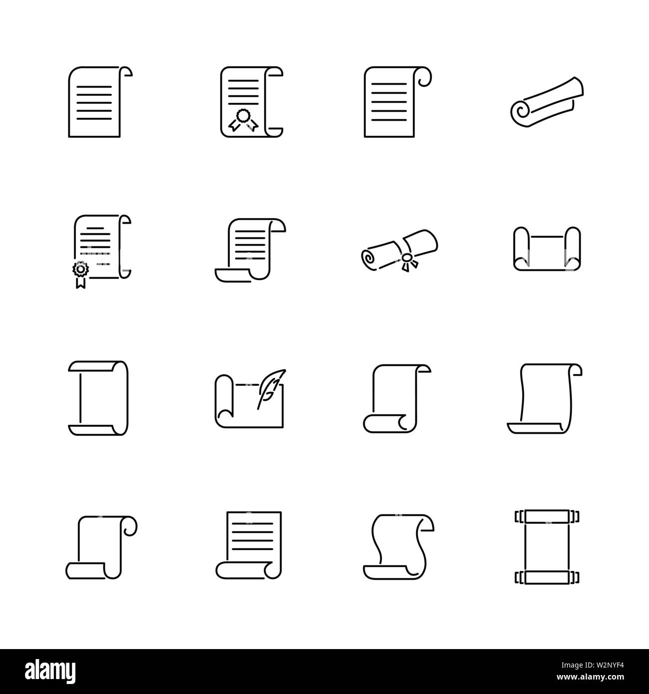 Scrolls and Papers outline icons set - Black symbol on white background ...