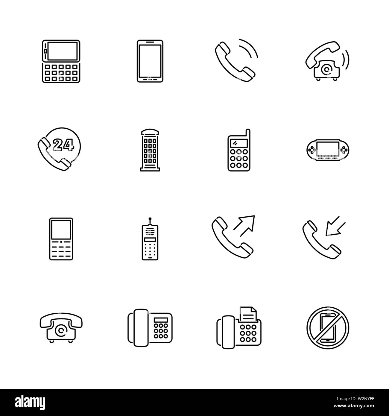 Phones, Telecommunication outline icons set - Black symbol on white ...