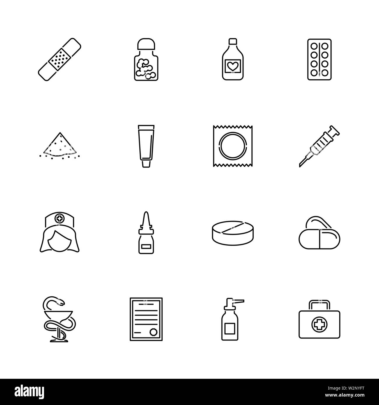 Pharmacy, Medicine outline icons set - Black symbol on white background ...