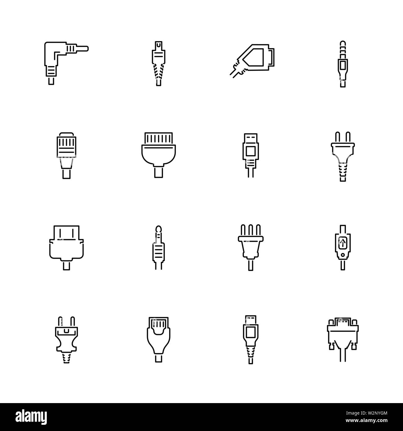 Plug, Cable outline icons set - Black symbol on white background ...