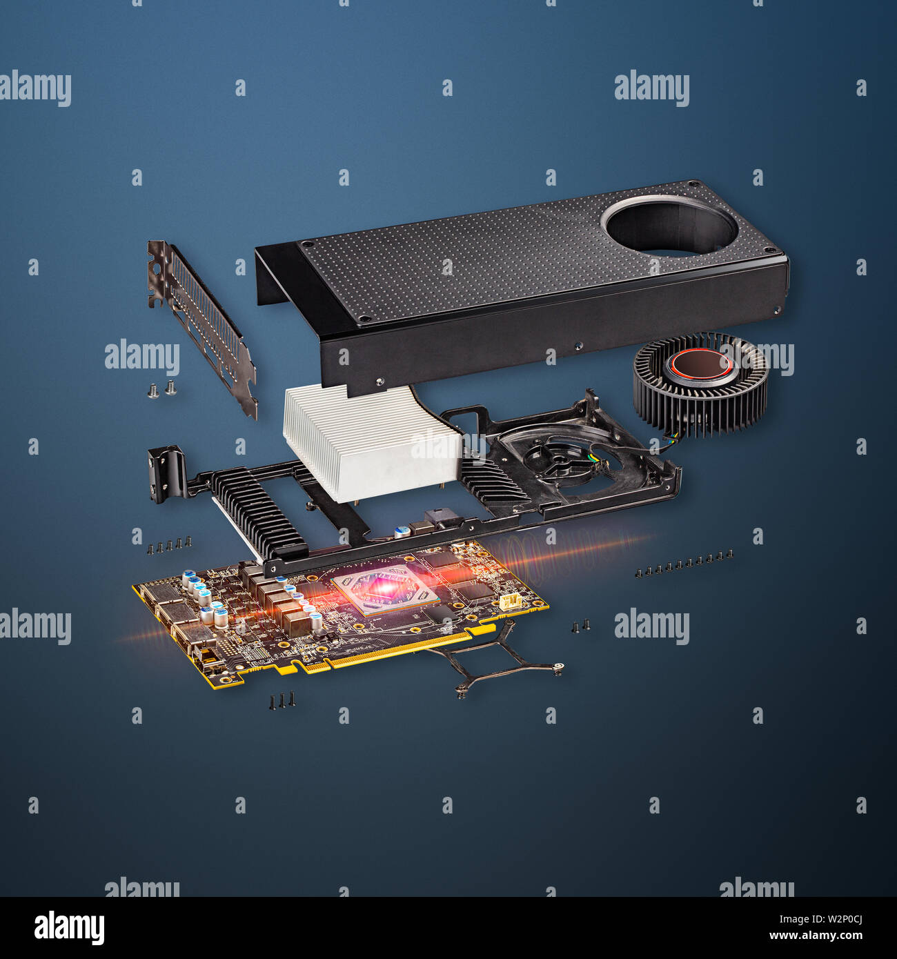 Explode view of new reference modern gaming graphics card on blue ...