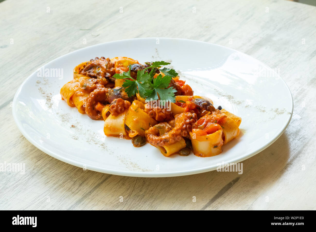 close up of calamarata octopus italian traditional sicilian pasta ...
