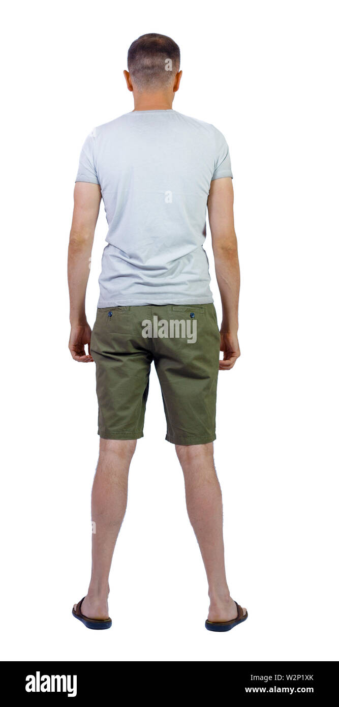 Back view of young manin shorts looking. Rear view people collection ...