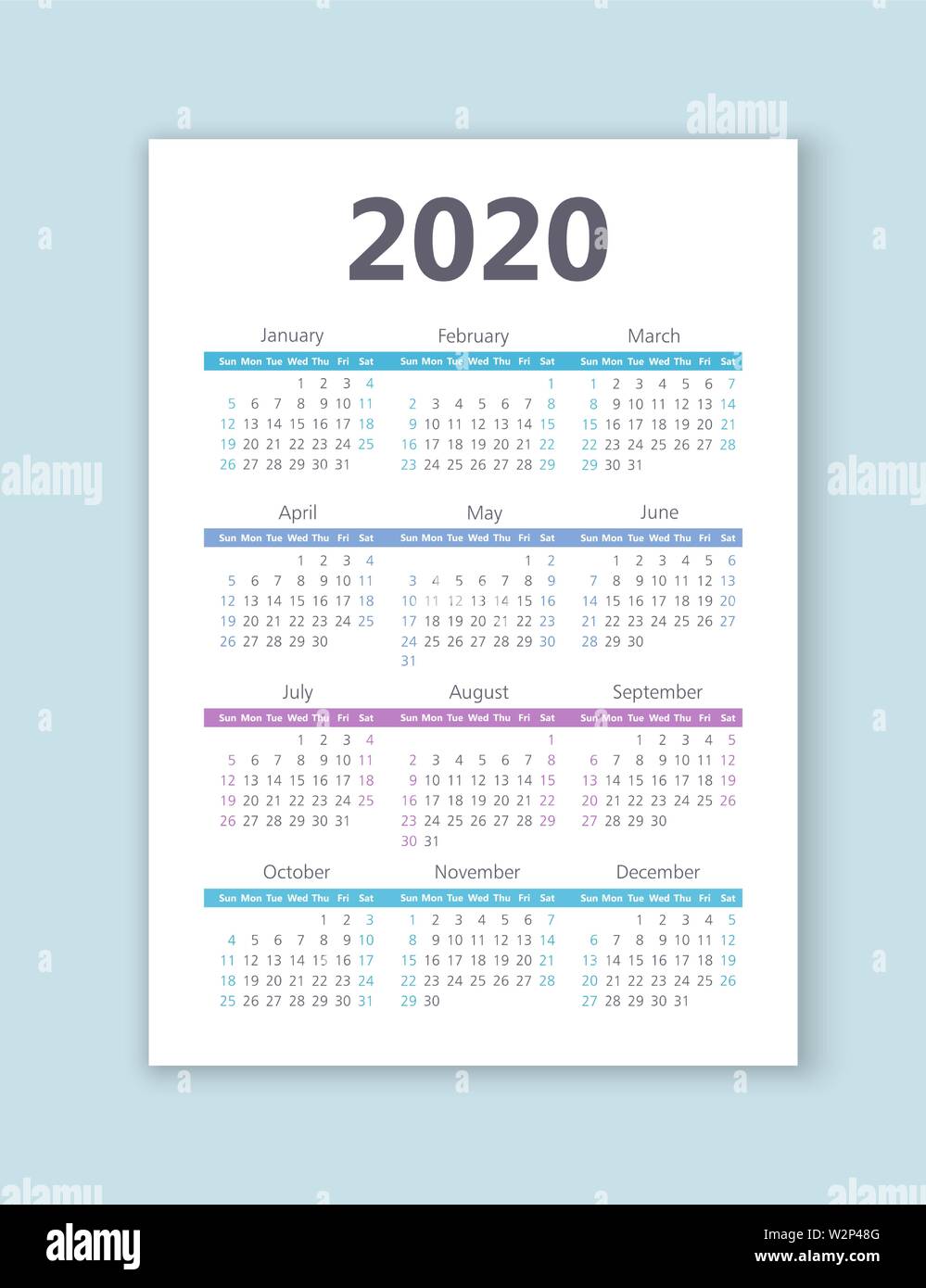 Calendar 2020 year. Black and white vector template. Week starts on ...
