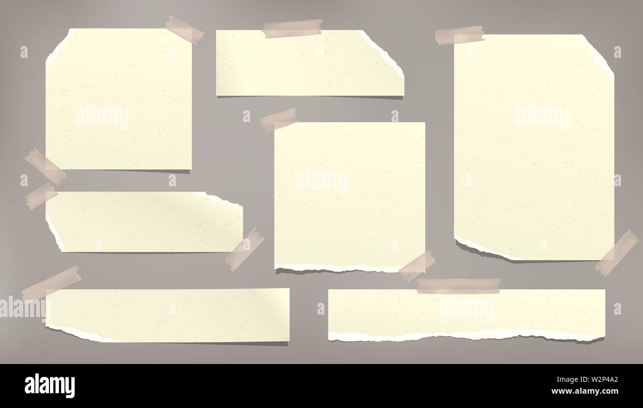 Yellow ripped, torn note, notebook paper strips stuck with sticky tape ...