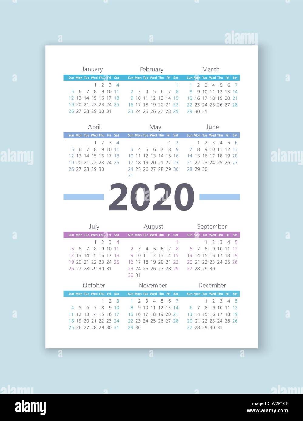 Calendar 2020 year. Color vector template. Week starts on Sunday. Basic ...