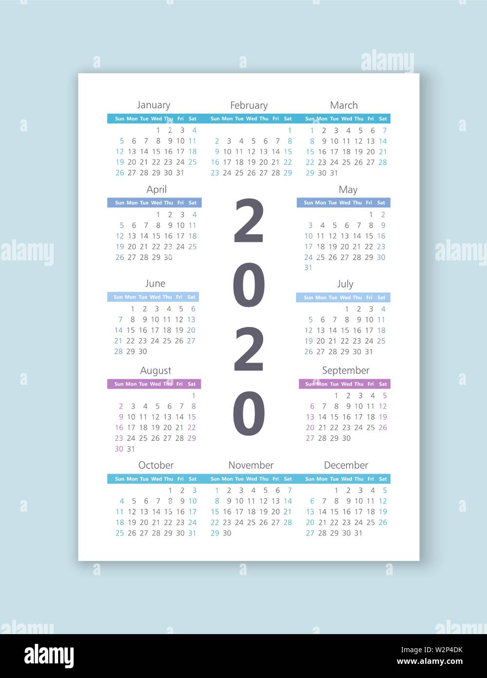 Calendar 2020 year. Color vector template. Week starts on Sunday. Basic ...