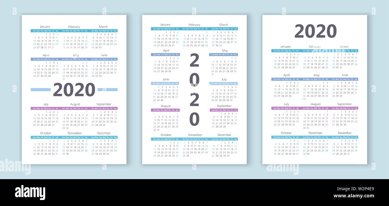 Calendar 2020 year. Color vector template. Week starts on Sunday. Basic ...