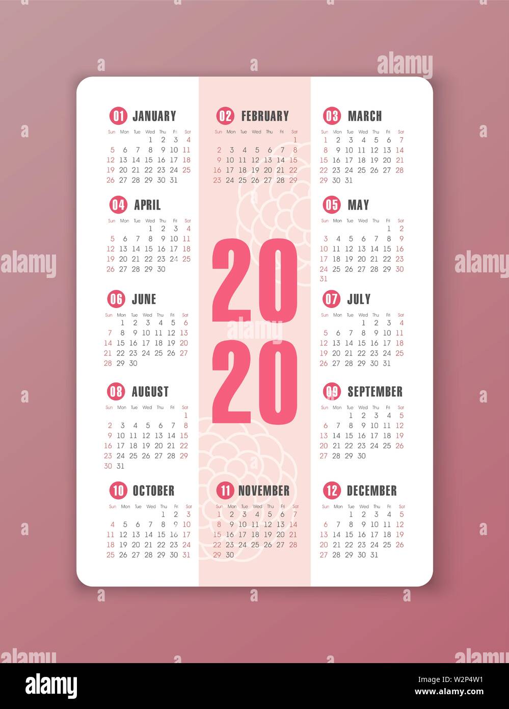 Calendar 2020 year. Color vector template. Week starts on Sunday. Basic ...