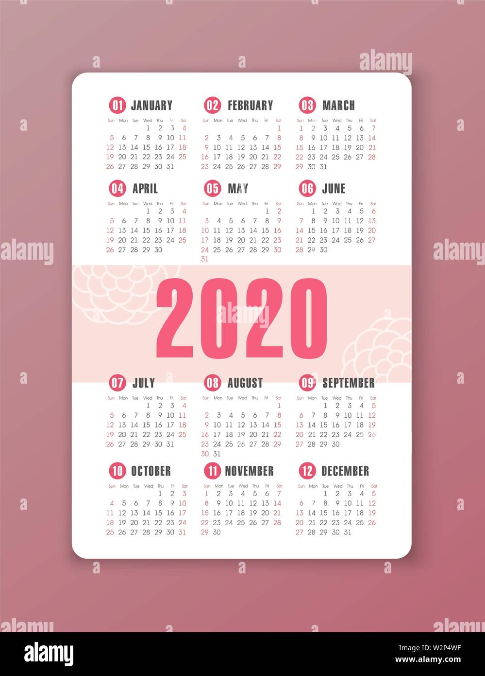 Calendar 2020 year. Color vector template. Week starts on Sunday. Basic ...