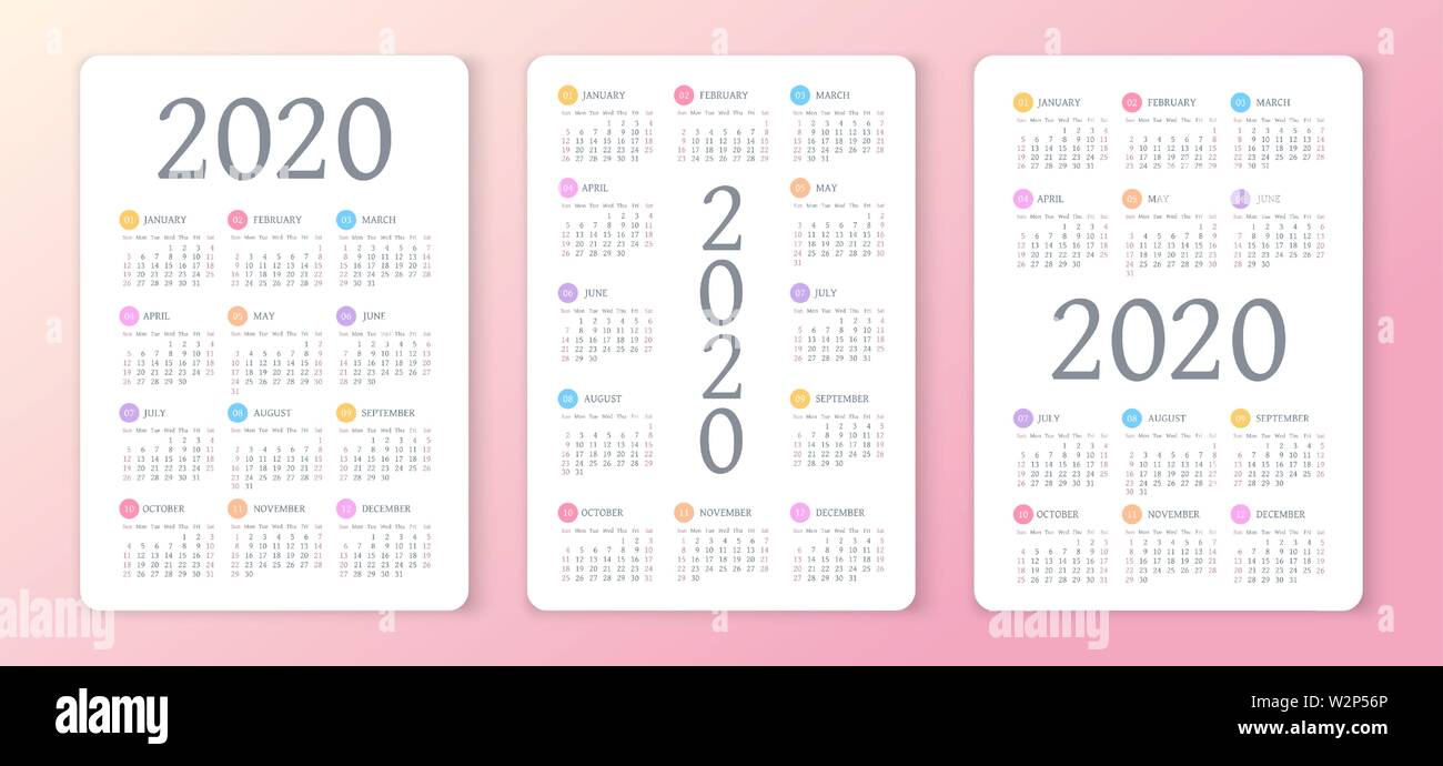 Calendar 2020 year. Color vector template. Week starts on Sunday. Basic ...