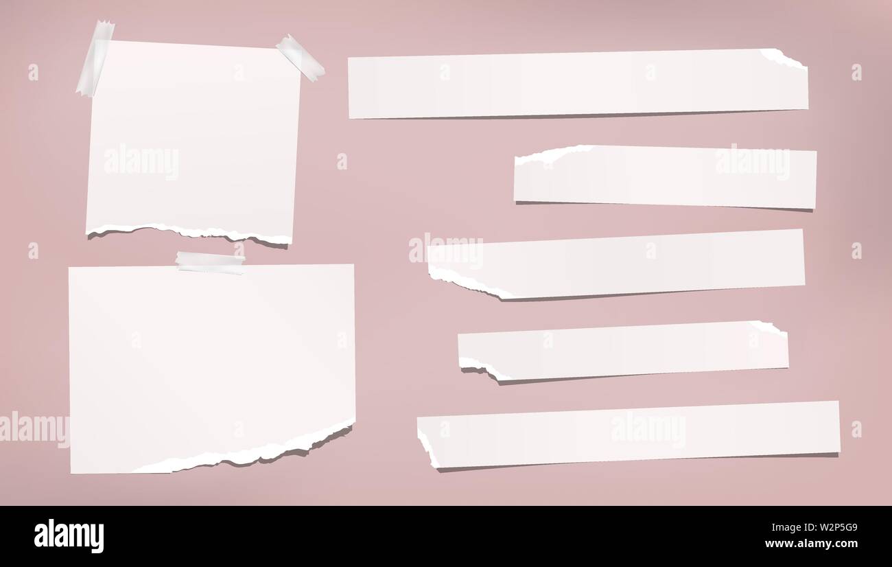 White ripped, torn note, notebook paper strips, stuck with sticky tape ...