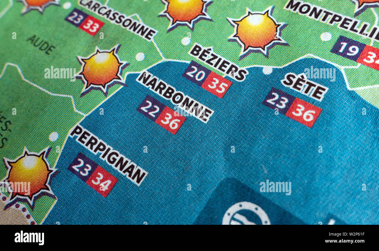 Newspaper heatwave weather predictions map for the South of France in ...