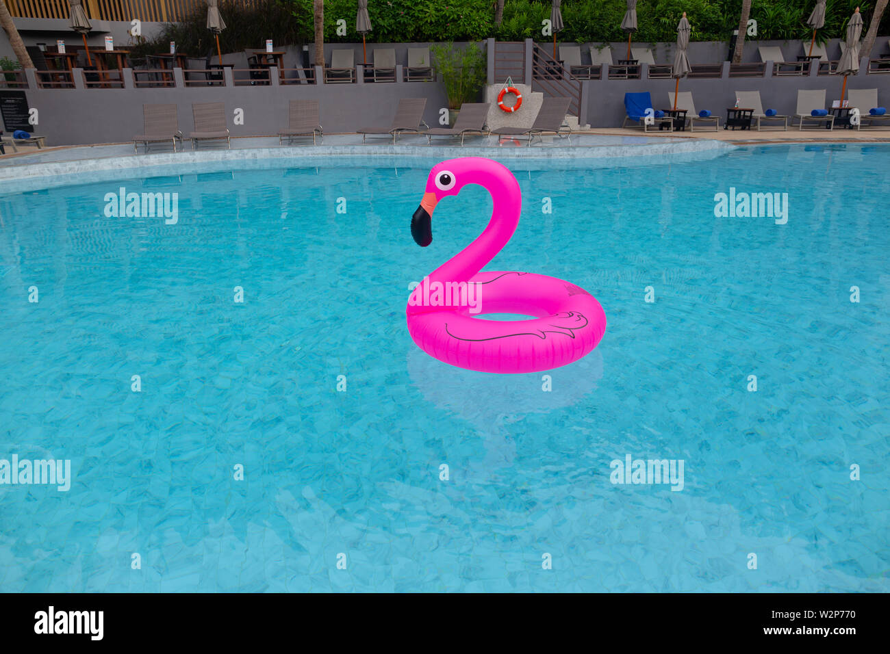 Inflatable pink flamingo in swimming pool. Summer vacation Stock Photo ...