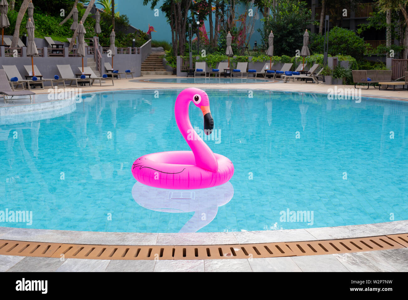 Inflatable pink flamingo in swimming pool. Summer vacation Stock Photo ...