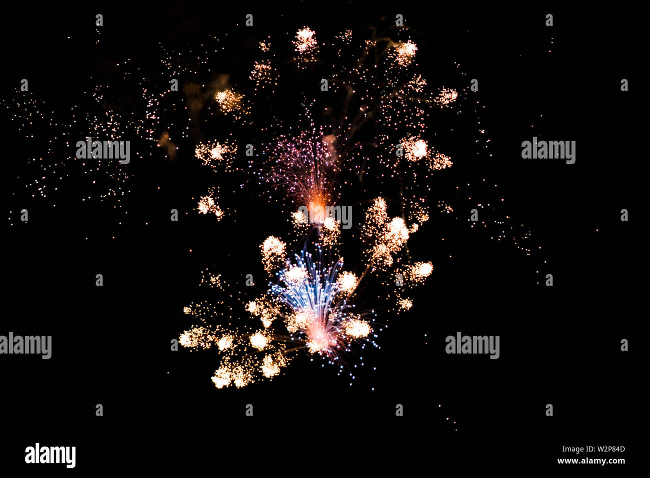close up of a cluster firework exploding and shooting off during a ...