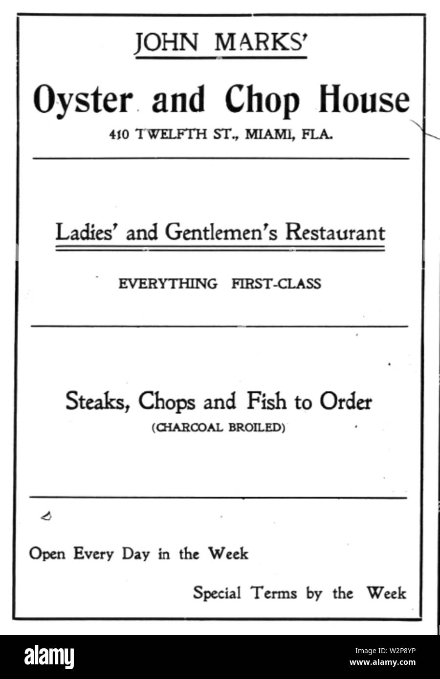 1905 John Marks Oyster and Chop House advert 12th Street in Miami ...