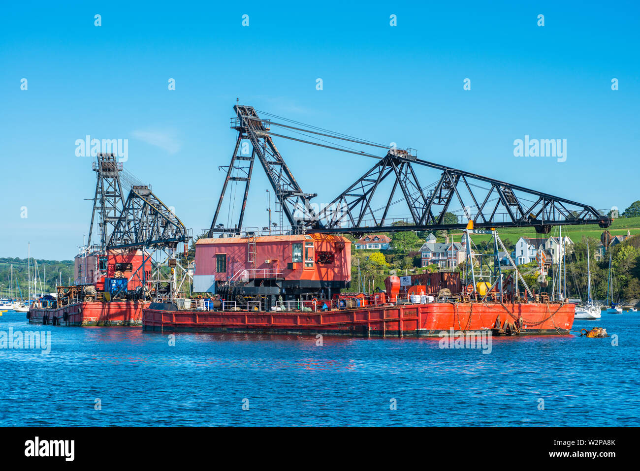 Floating crane barges on Falmouth harbour in Cornwall, England, UK ...