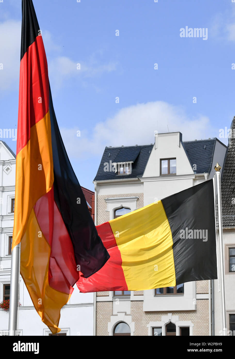 Wittenberg, Germany. 10th July, 2019. The flags of Germany and Belgium ...