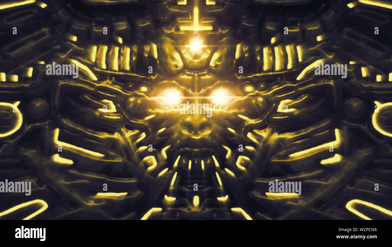 Computer monster with bas-relief and protruding robot head of woman ...