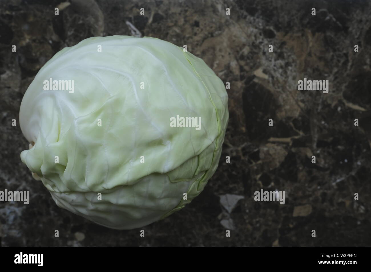 One white cabbage on a table with green Stock Photo - Alamy