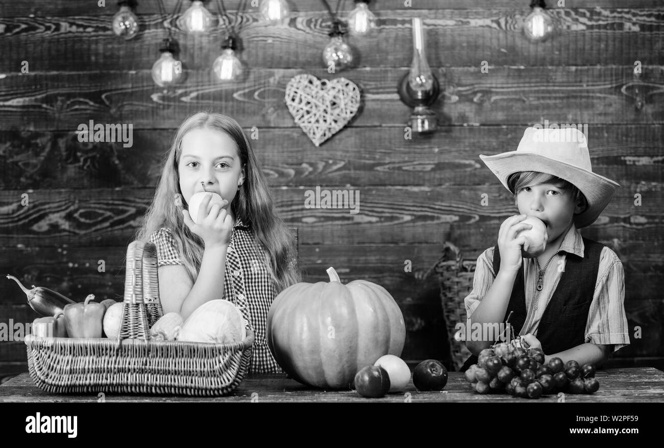 Celebrate harvest festival. Kids girl boy fresh vegetables harvest ...