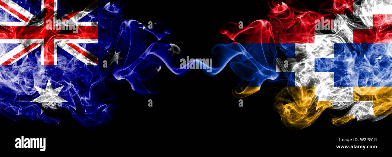 Australia vs Artsakh smoky mystic flags placed side by side. Thick ...