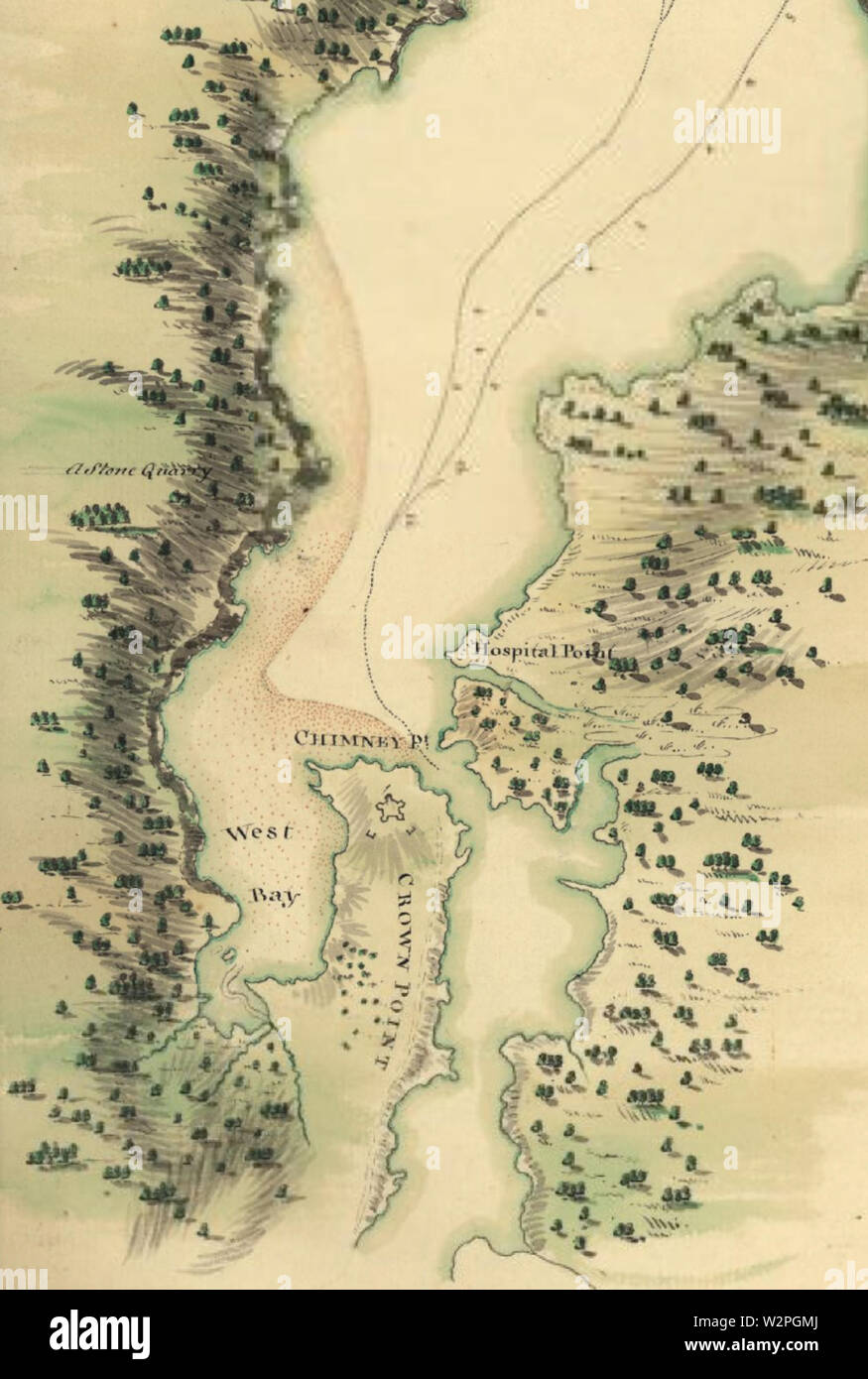 A section of a 1779 map of Lake Champlain showing Chimney Point and ...